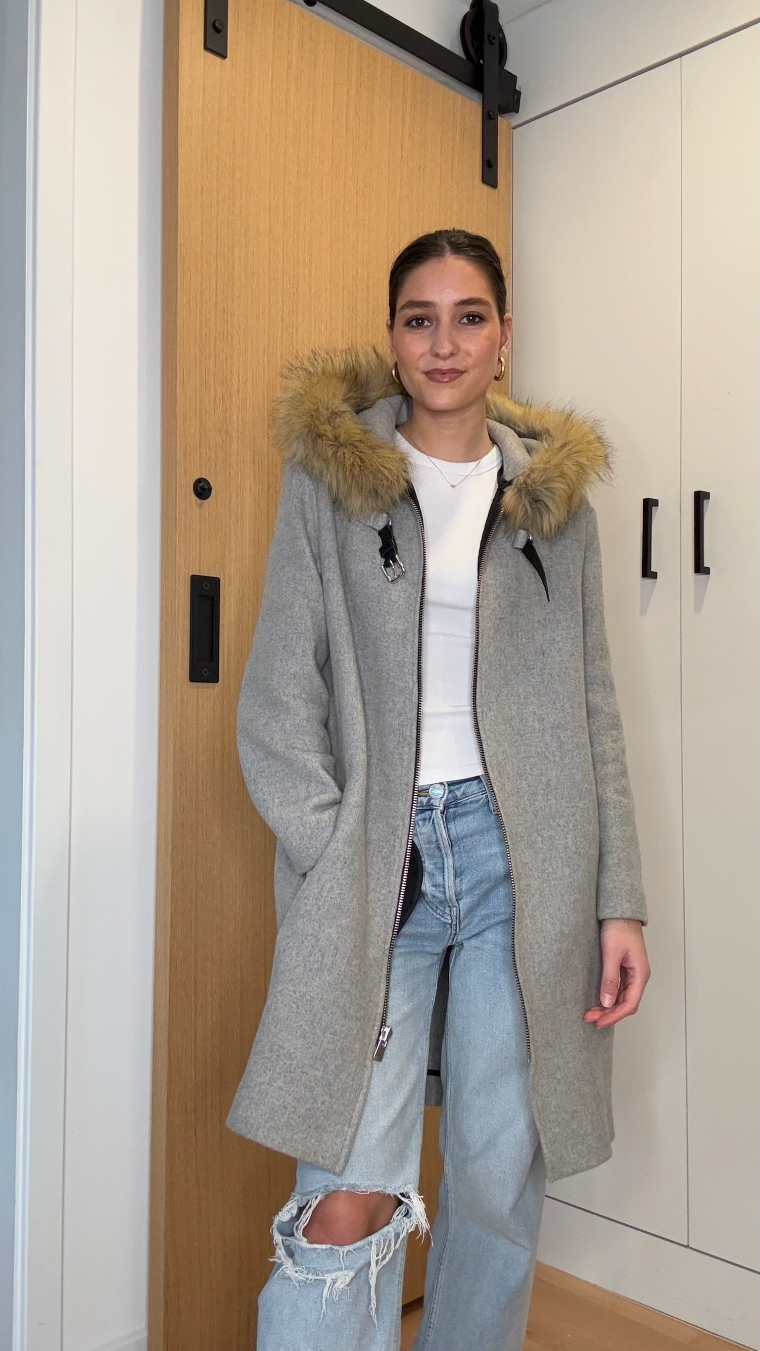 Maje Grey Coat with Fur - S | DetachWithLove